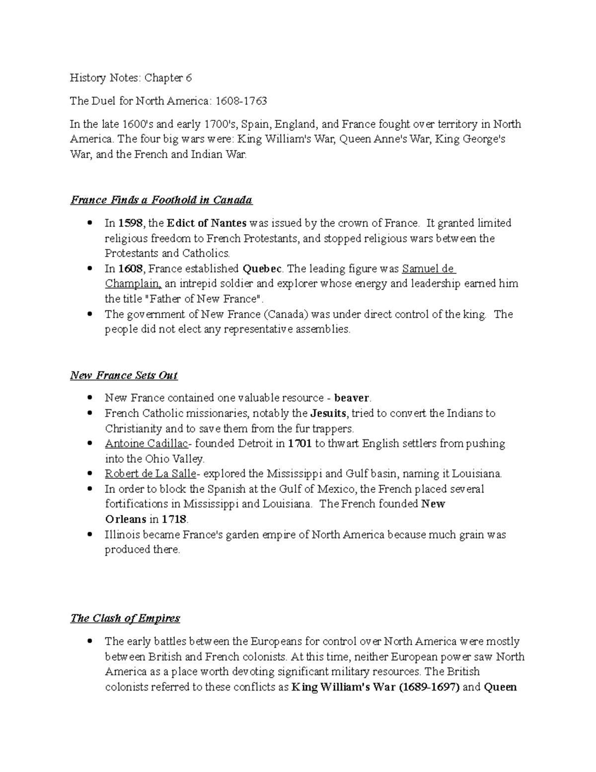 History Notes Ch 6 - History Notes: Chapter 6 The Duel for North ...