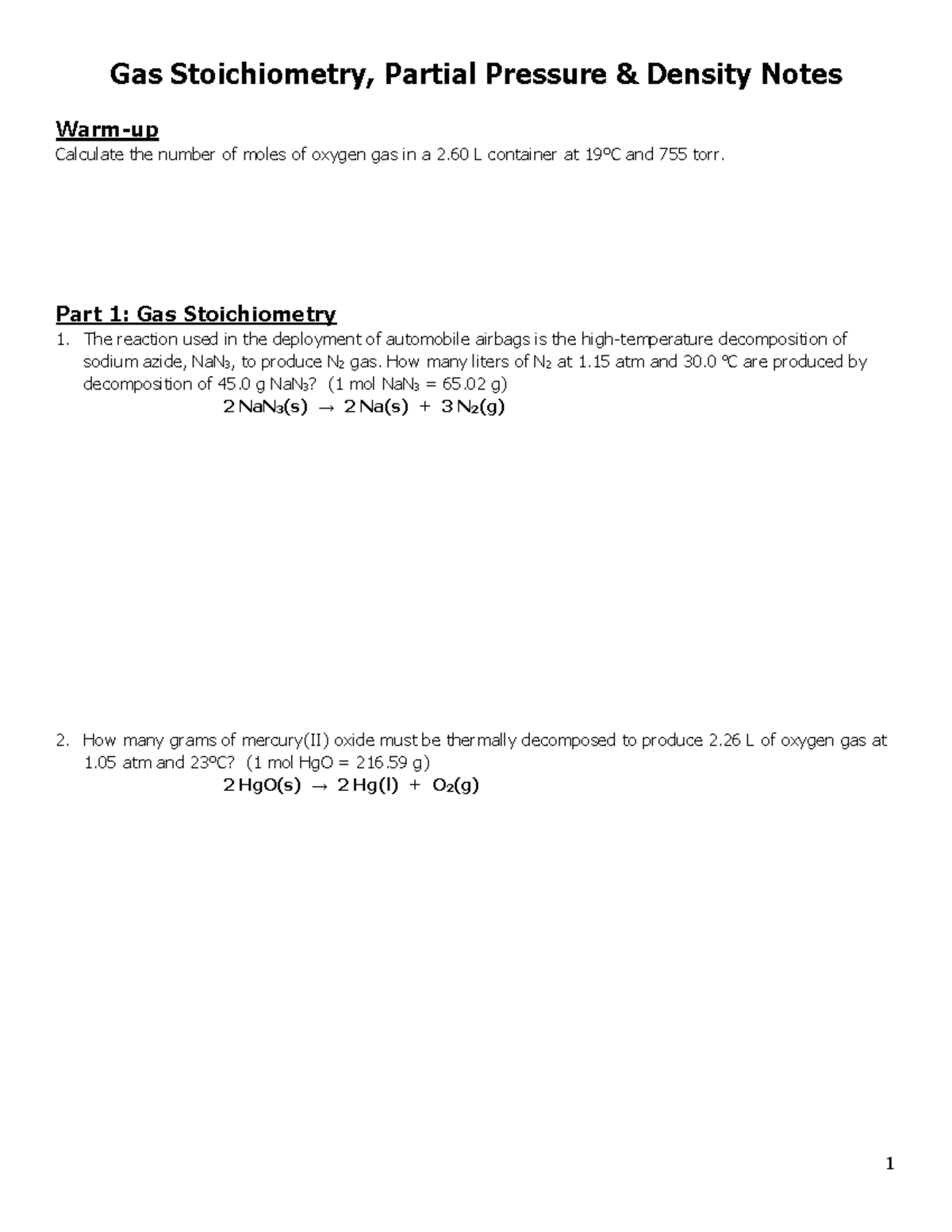 Gas Stoichiometry In-Class Notes - Gas Stoichiometry, Partial Pressure ...