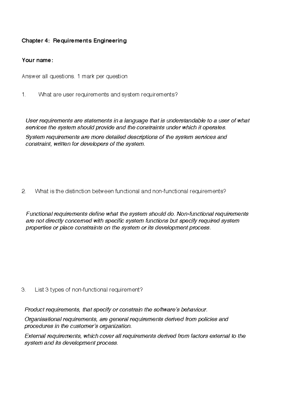 Ch4 Quiz Soln - Chapter 4: Requirements Engineering Your name: Answer ...