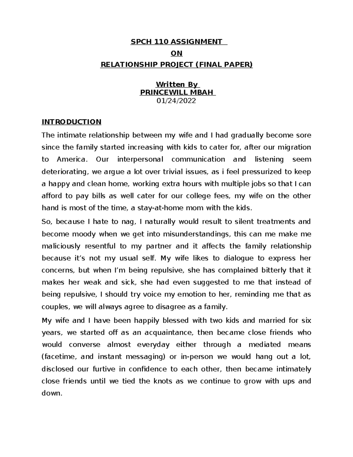 SPCH 110 Relationship Project ( Final) - SPCH 110 ASSIGNMENT ON RELATIONSHIP PROJECT (FINAL ...