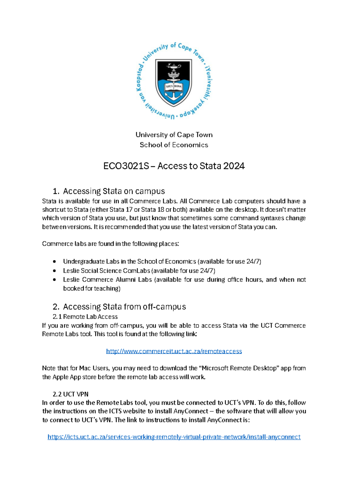 Access to Stata 2024 - University of Cape Town School of Economics ...