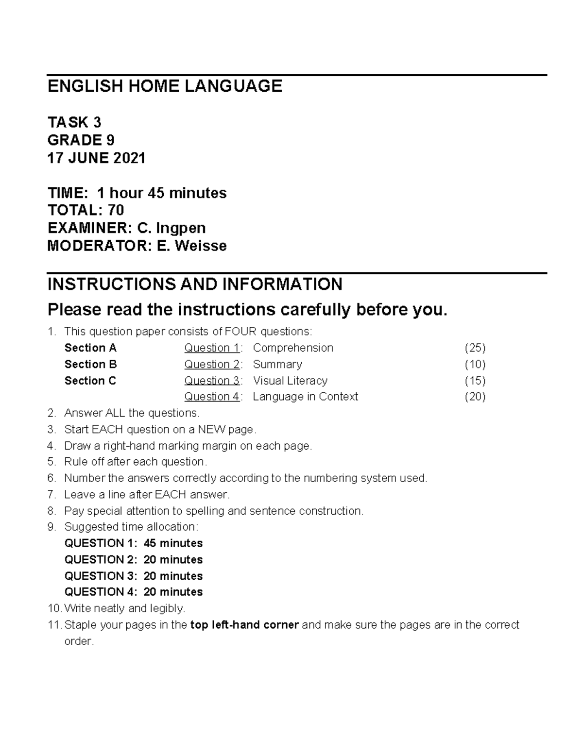 Grade 9 P1 June 2021 paper - ENGLISH HOME LANGUAGE TASK 3 GRADE 9 17 ...