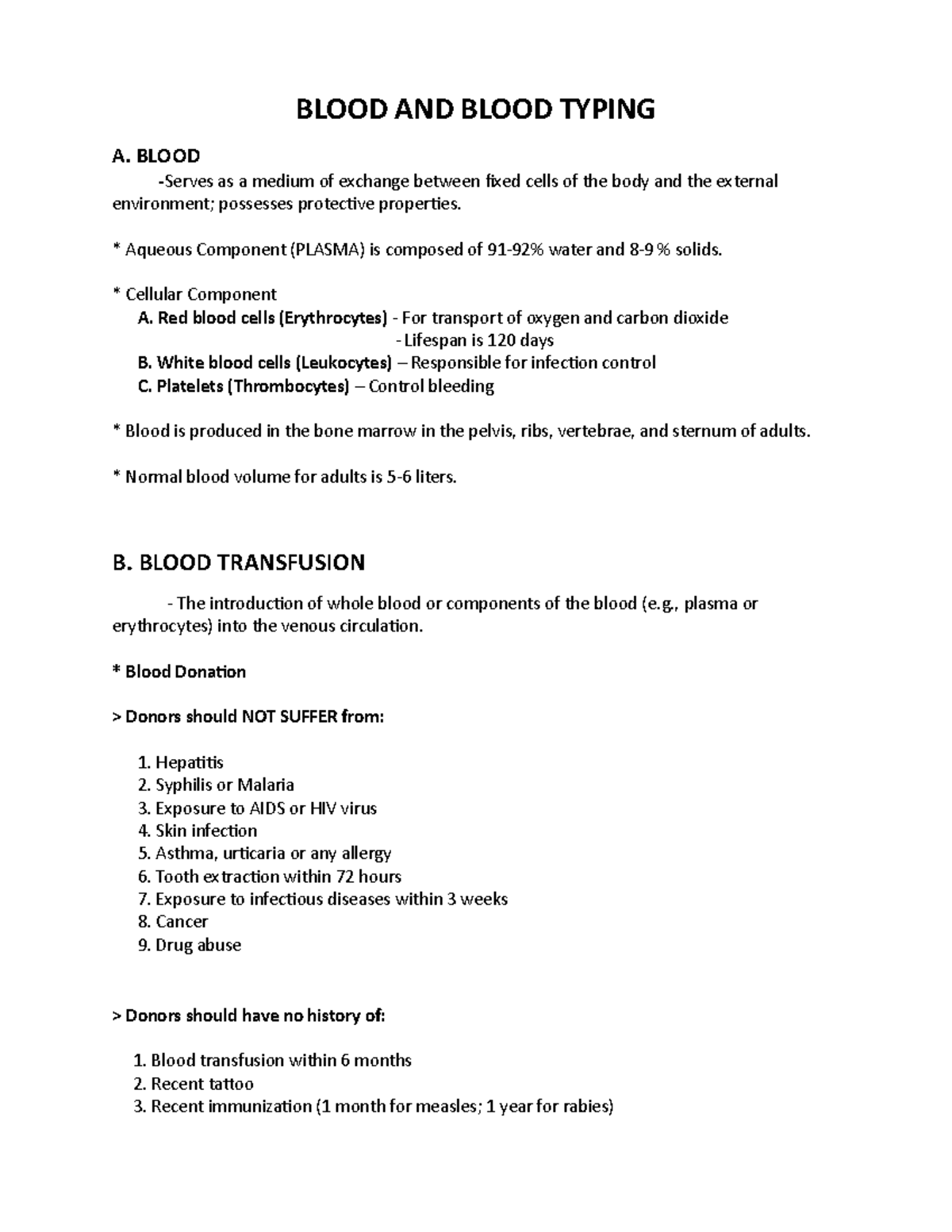 Blood AND Blood Typing nursing notes - Blood and Blood typing - Studocu