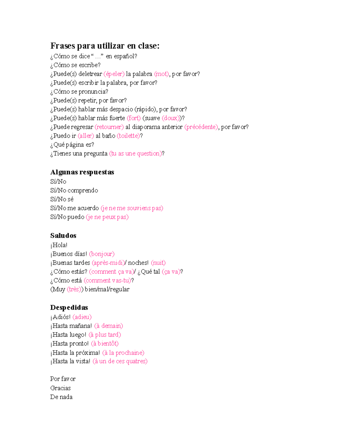notes espagnol élémentaire - Frases para utilizar en clase: ¿Cómo se ...