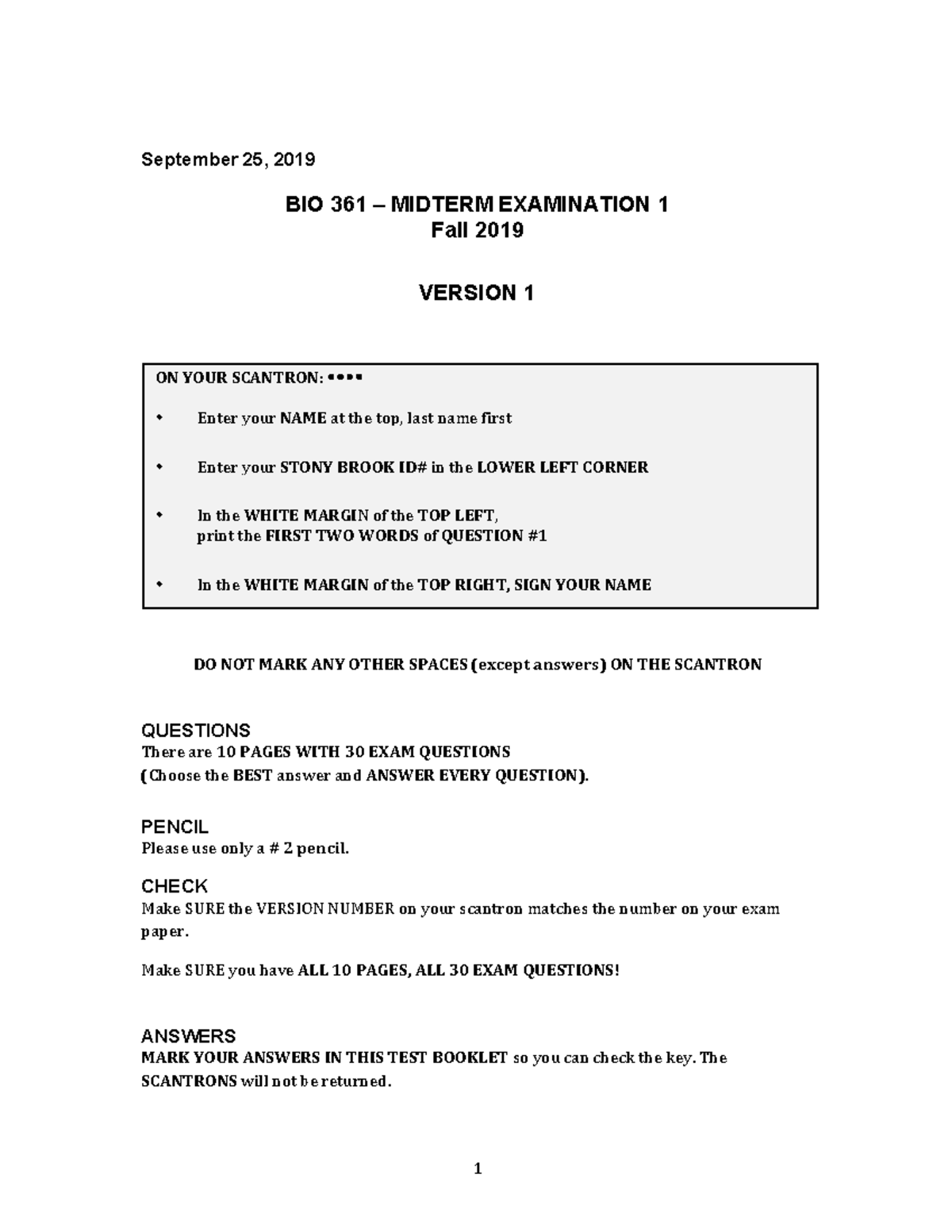 2019 Midterm 1 Practice Questions - September 25, 2019 BIO 361 – MIDTERM EXAMINATION 1 Fall 2019 ...