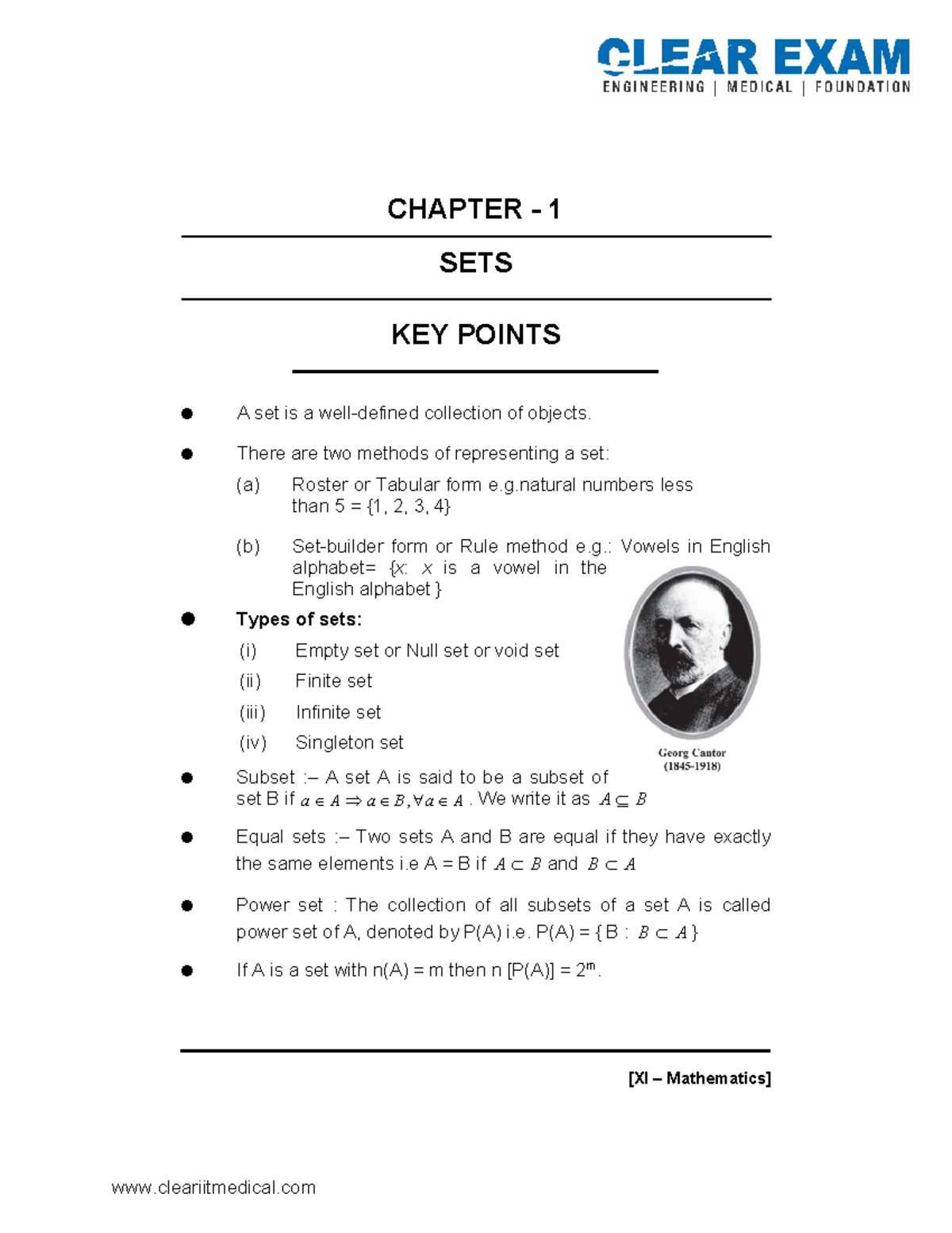 Sets - makes your basic - [XI – Mathematics] CHAPTER - 1 SETS KEY ...