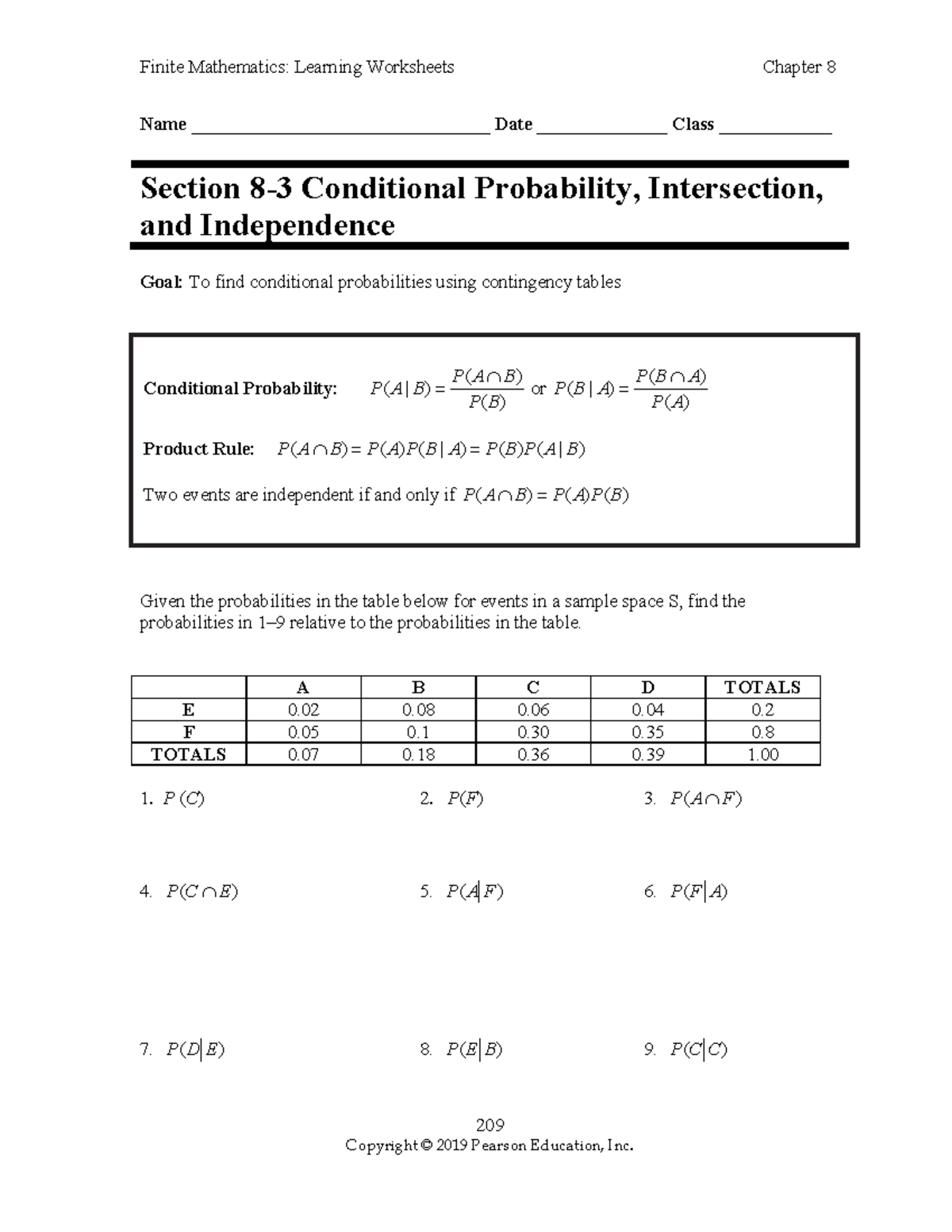 8.3 answers - Finite Mathematics: Learning Worksheets Chapter 8 Name Date Class Section ...