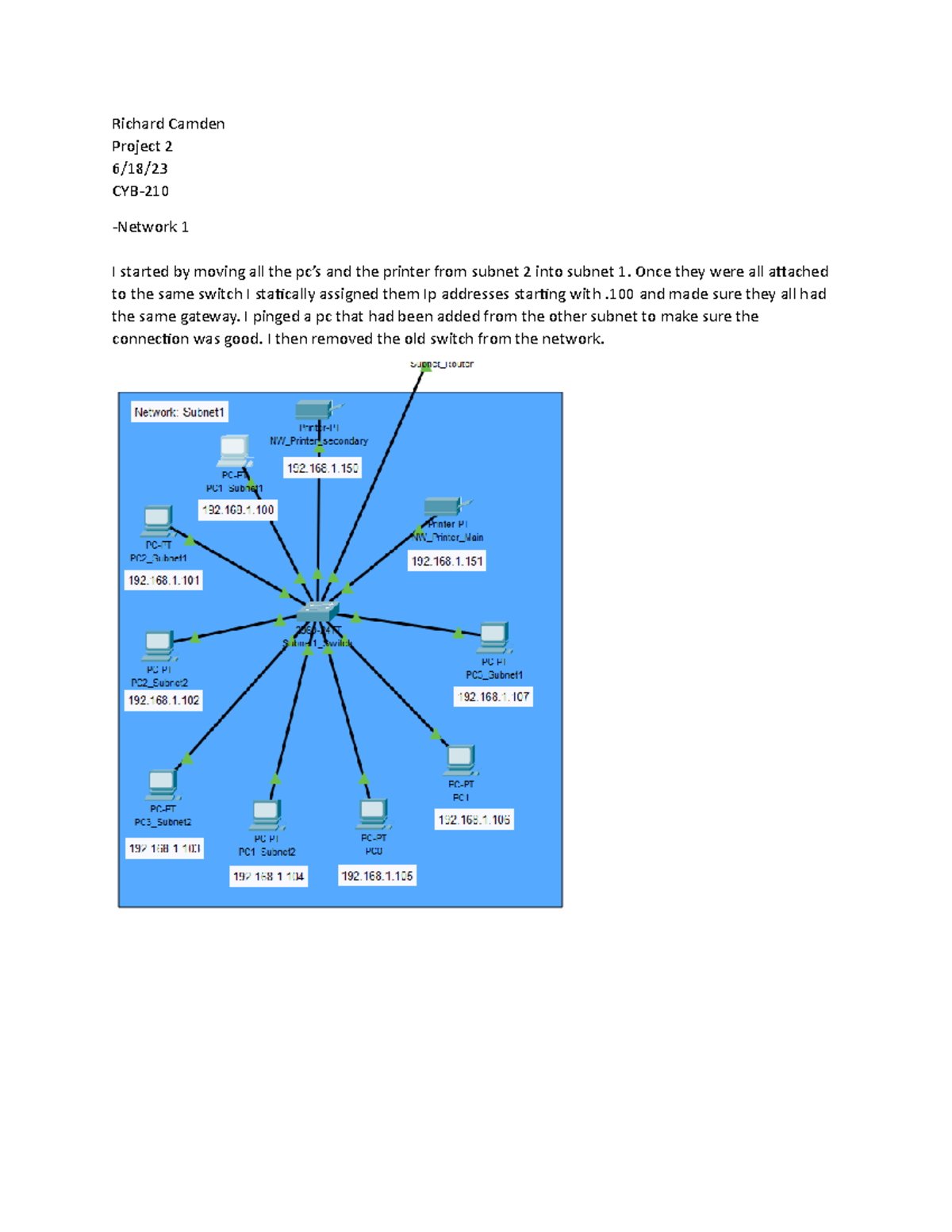 CYB 210 Project two - Richard Camden Project 2 6/18/ CYB-Network 1 I started by moving all the ...