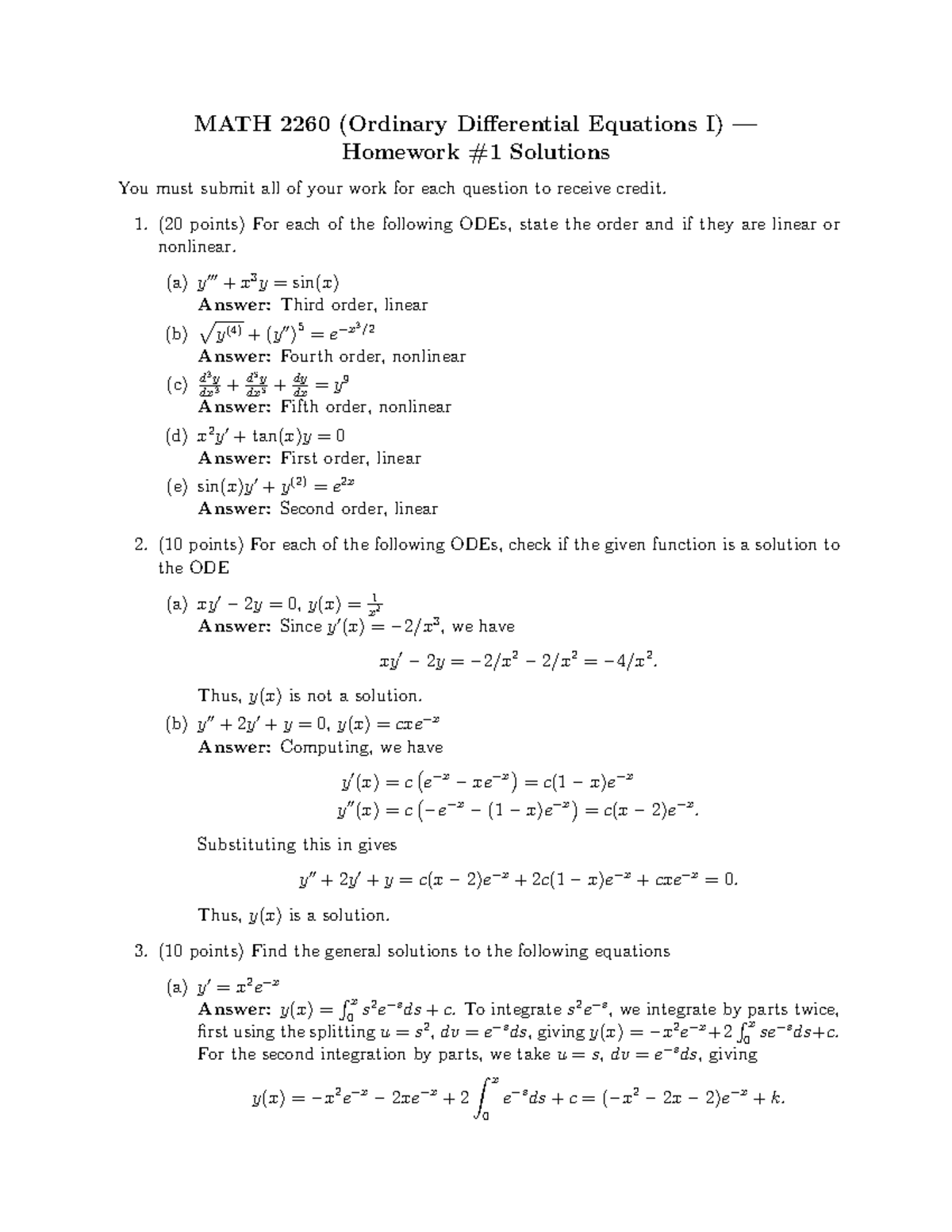 HW1-soln - Homework Solutions - MATH 2260 (Ordinary Differential Equations I) — Homework #1 ...