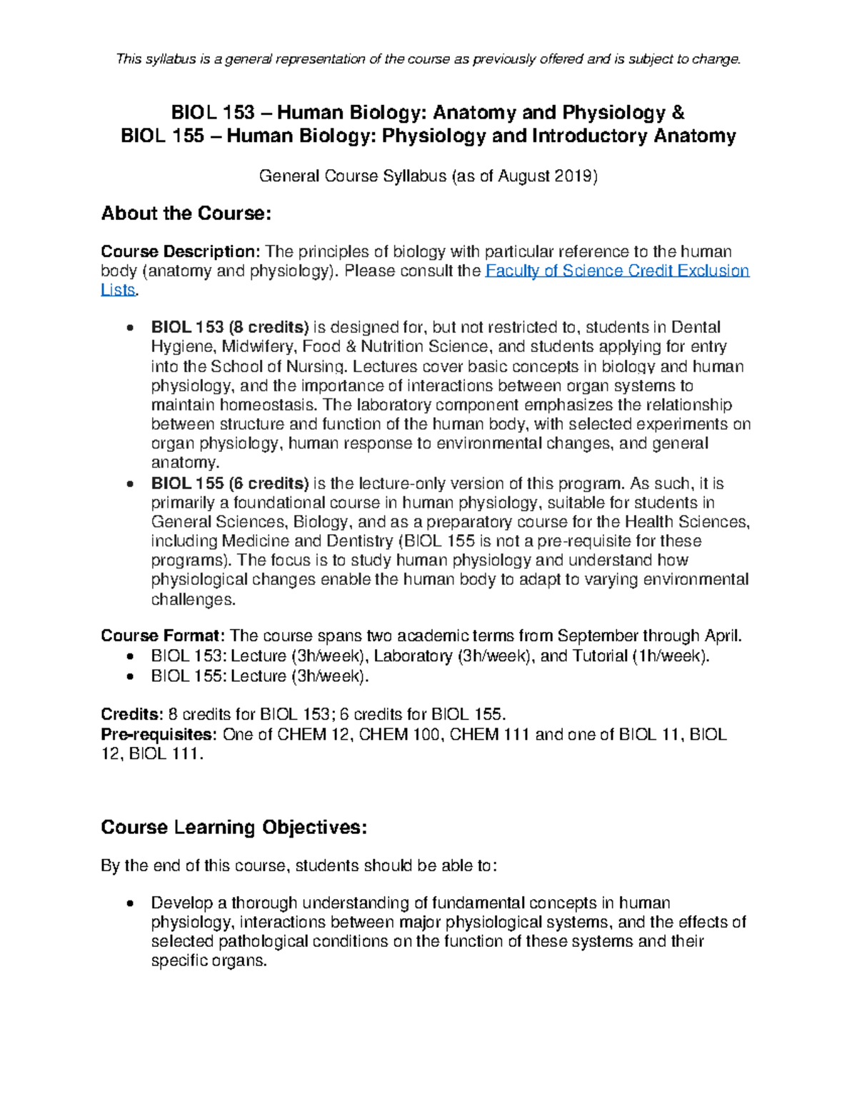 Syllabus BIOL153-155 2019 - This syllabus is a general representation ...
