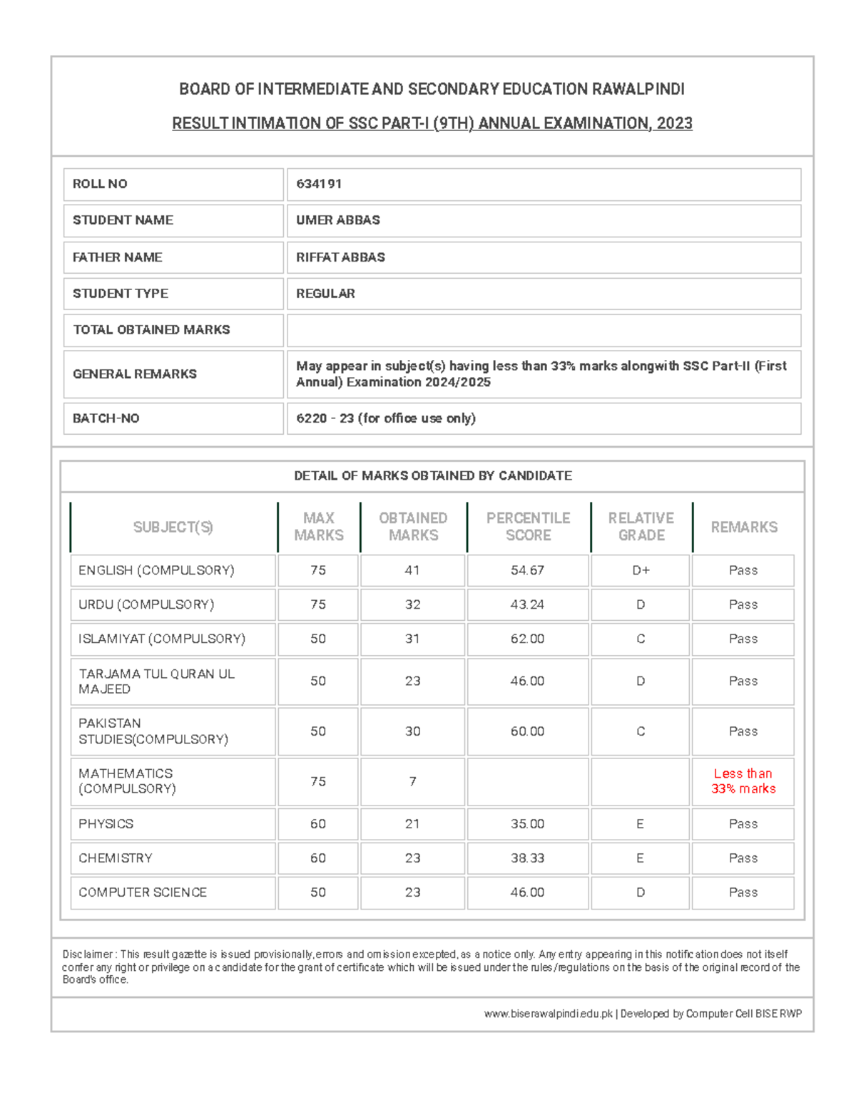 Result - Board OF Intermediate AND Secondary Education Rawalpindi ...