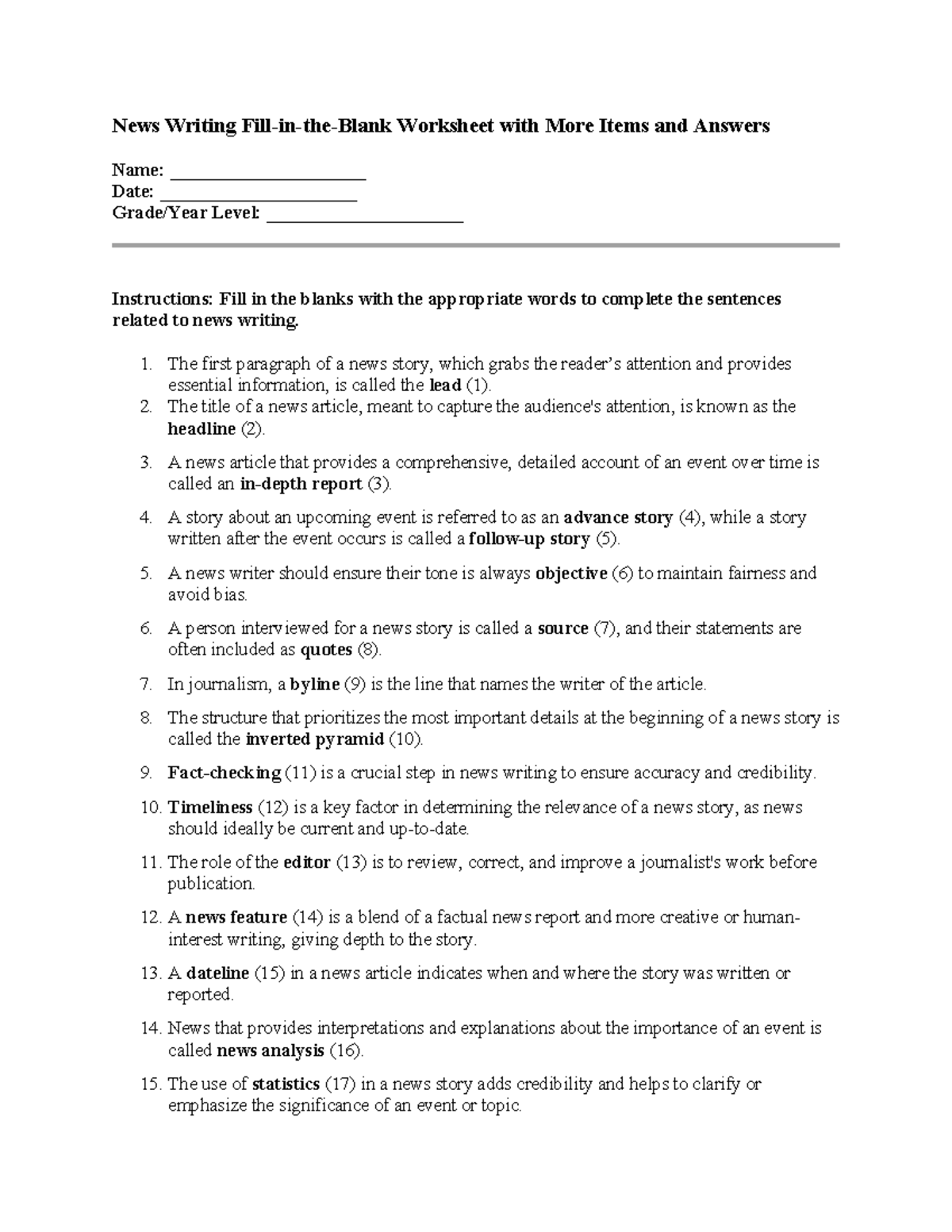 News Writing Practice 2 - News Writing Fill-in-the-Blank Worksheet with ...