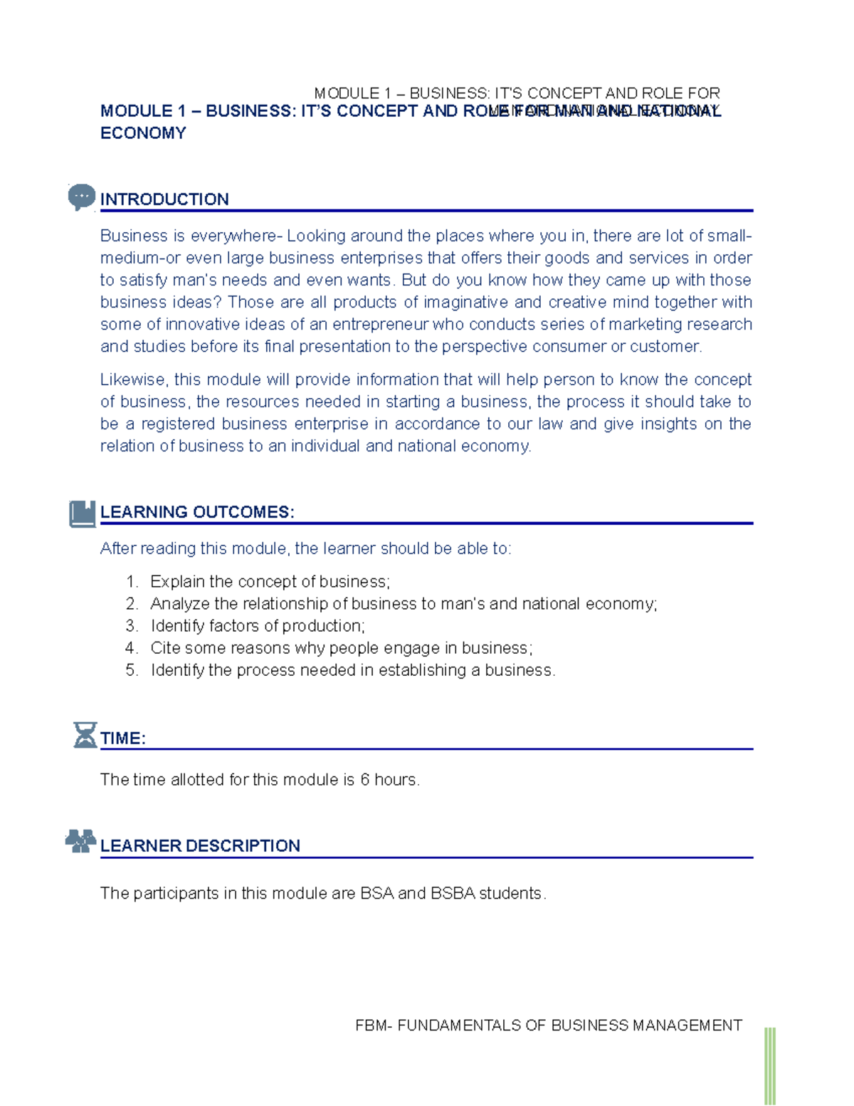 CHAP 1 Module - This is in the field of business. - MODULE 1 – BUSINESS ...