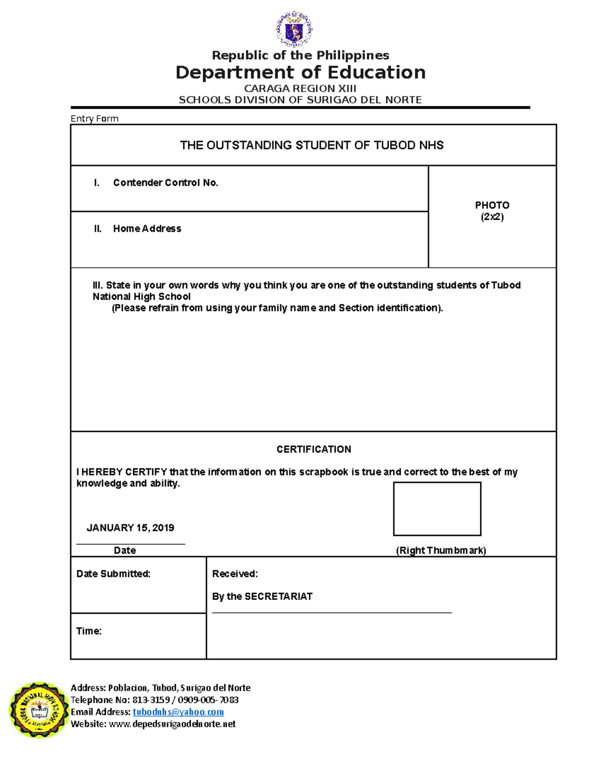 Form 1 - Form that will used as entry form for Outstanding student ...