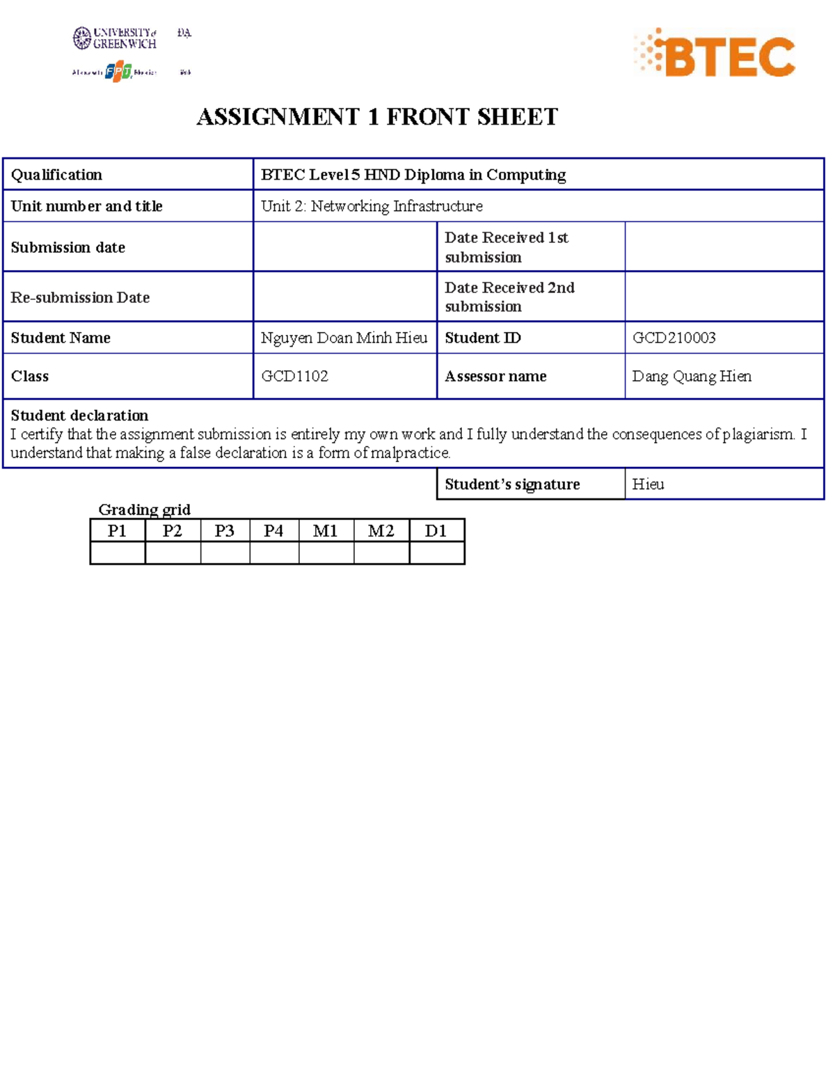 Assignment 1 Networking - ASSIGNMENT 1 FRONT SHEET Qualification BTEC ...