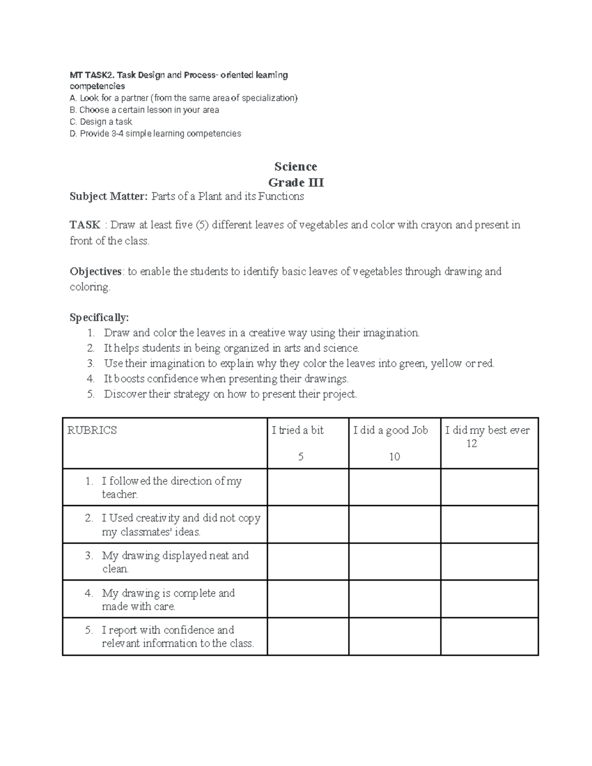 MT TASK2 - Task Design and Process- oriented learning competencies A ...