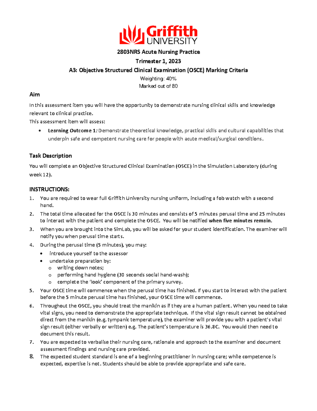 OSCE Assessment - 2803NRS Acute Nursing Practice Trimester 1, 2023 A3 ...