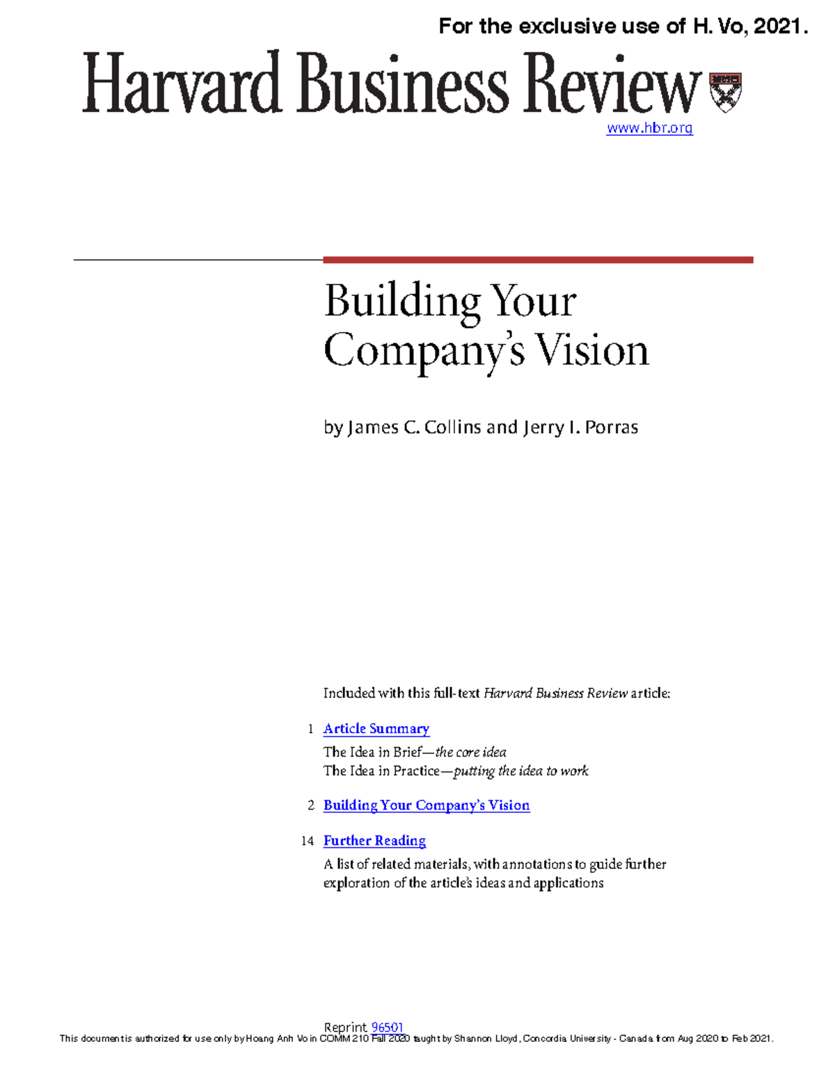 Comm210 Collins and Porras - hbr Building Your Company’s Vision by ...