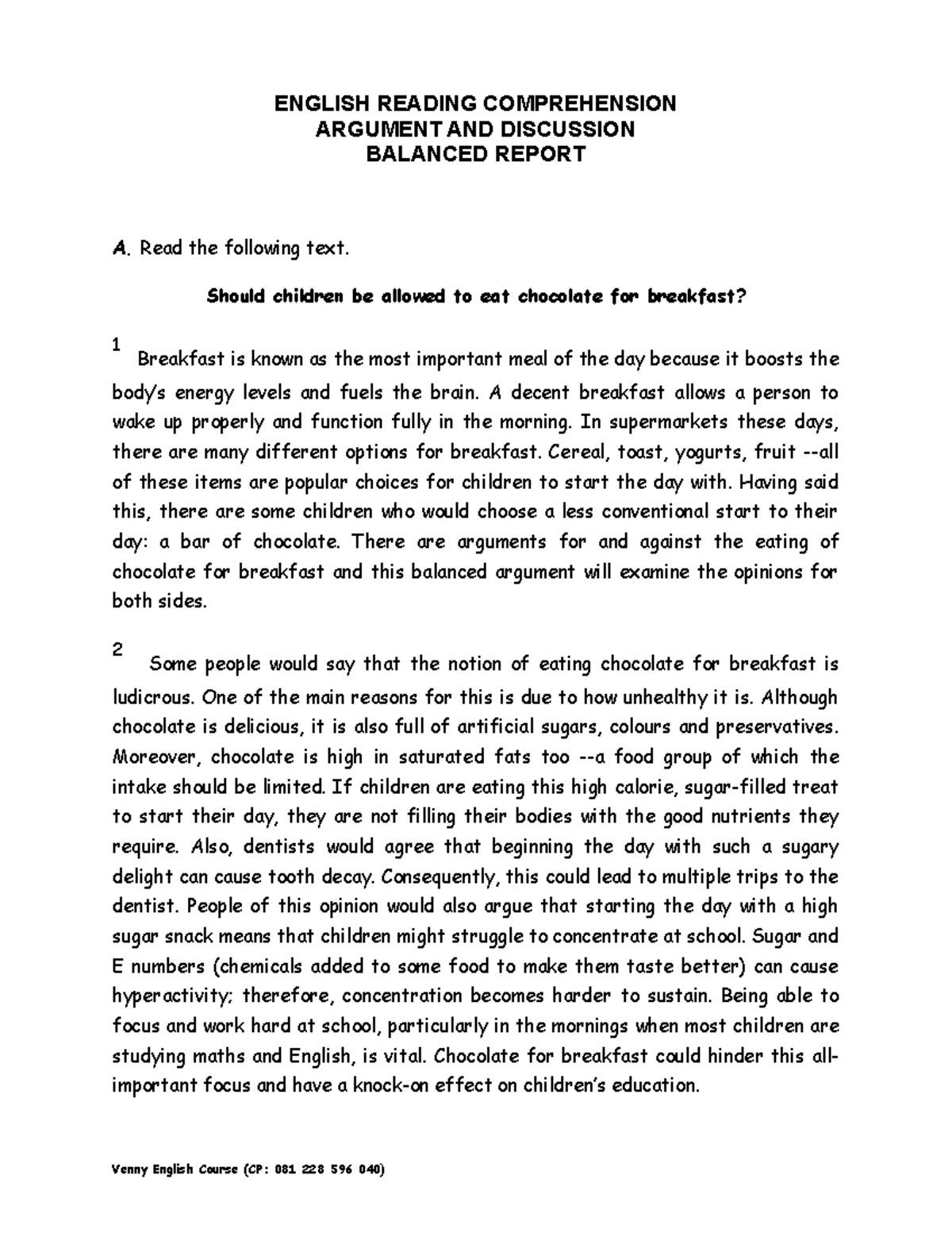 Argument Report - ENGLISH READING COMPREHENSION ARGUMENT AND DISCUSSION ...