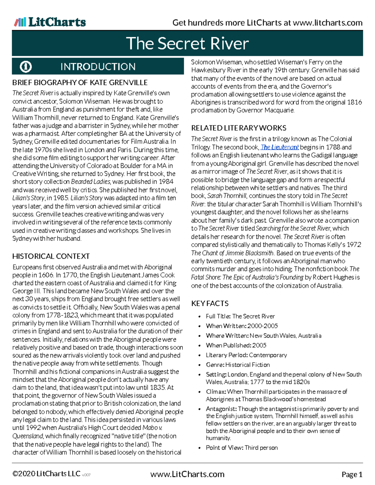 The Secret River Lit Chart - The Secret River BRIEF BIOGRAPHY OF KATE ...