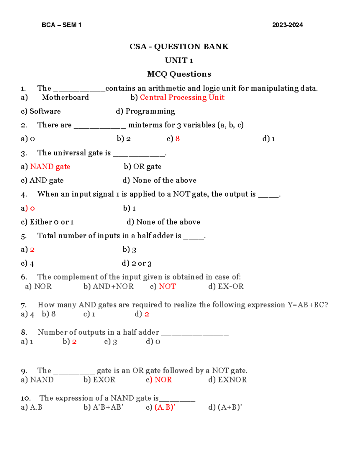 CSA Question BANK 2023-24 - CSA - QUESTION BANK UNIT 1 MCQ Questions ...