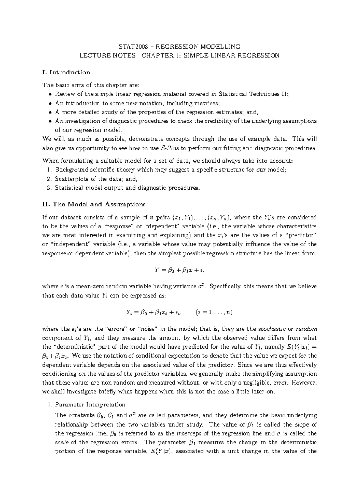 Lecture Notes Stat2008 Regression Modelling Lecture Notes Chapter 1 Simple Linear