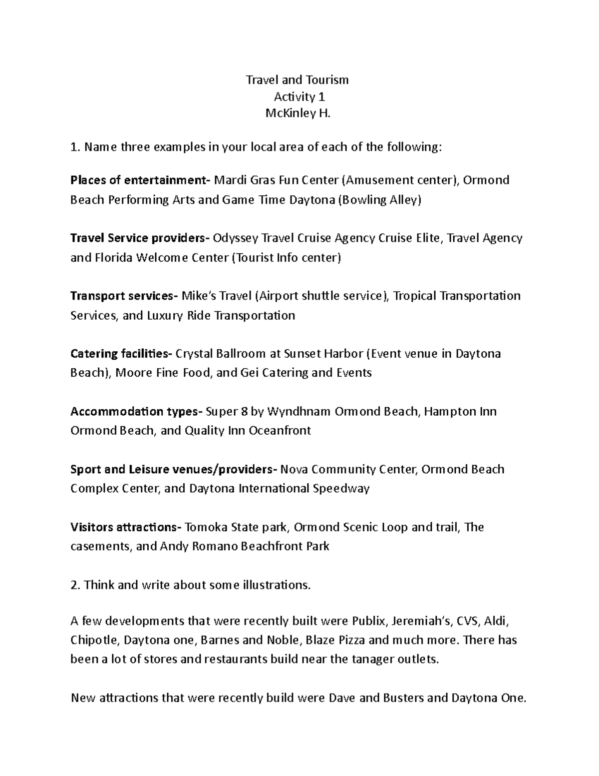 Activity 1 Chap 1 TT - Chapt 1 - Travel and Tourism Activity 1 McKinley ...