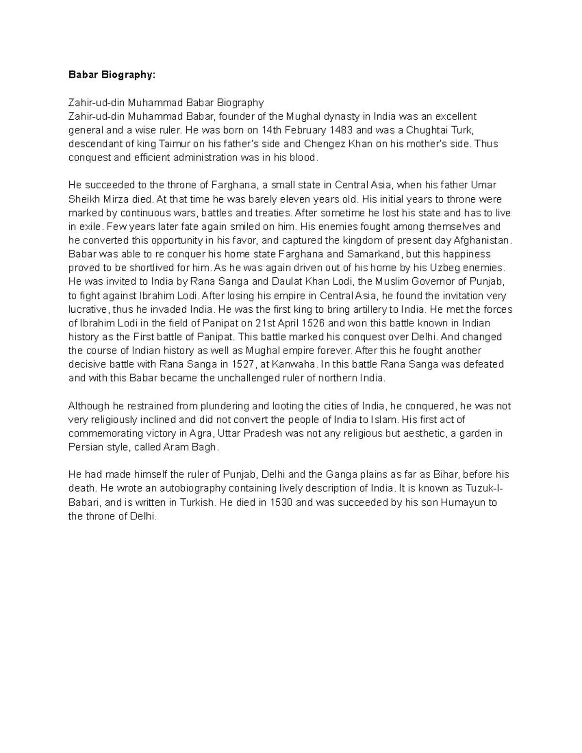 Babar Biography - Babar Biography: Zahir-ud-din Muhammad Babar ...