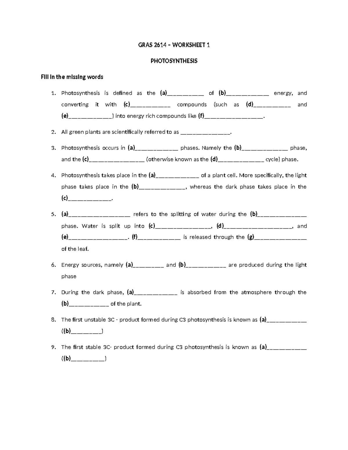 Photosynthesis Worksheet 1 - GRAS 2614 – WORKSHEET 1 PHOTOSYNTHESIS ...
