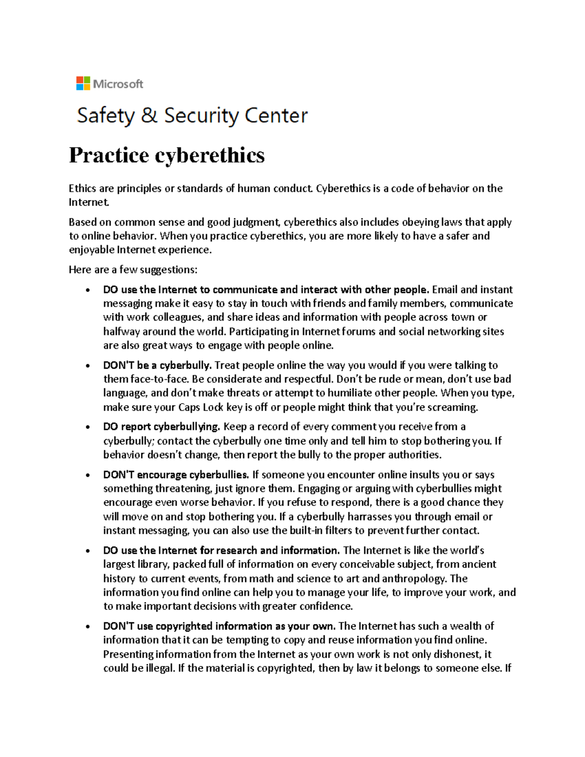 Microsoft - Practice cyberethics - Practice cyberethics Ethics are ...