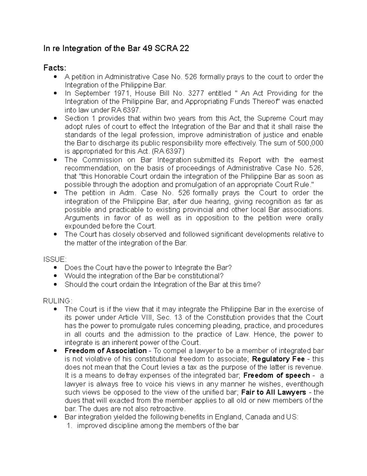 In re Integration of the Bar 49 SCRA 22 Digest - In re Integration of ...