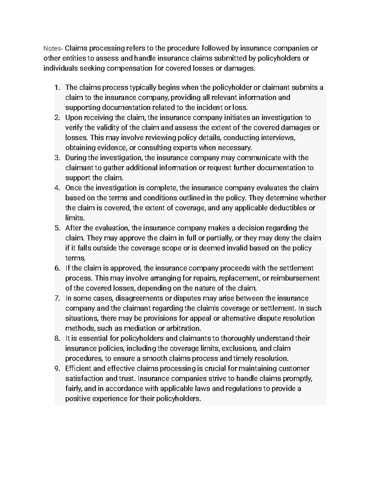 Claims Process - Notes- Claims processing refers to the procedure ...