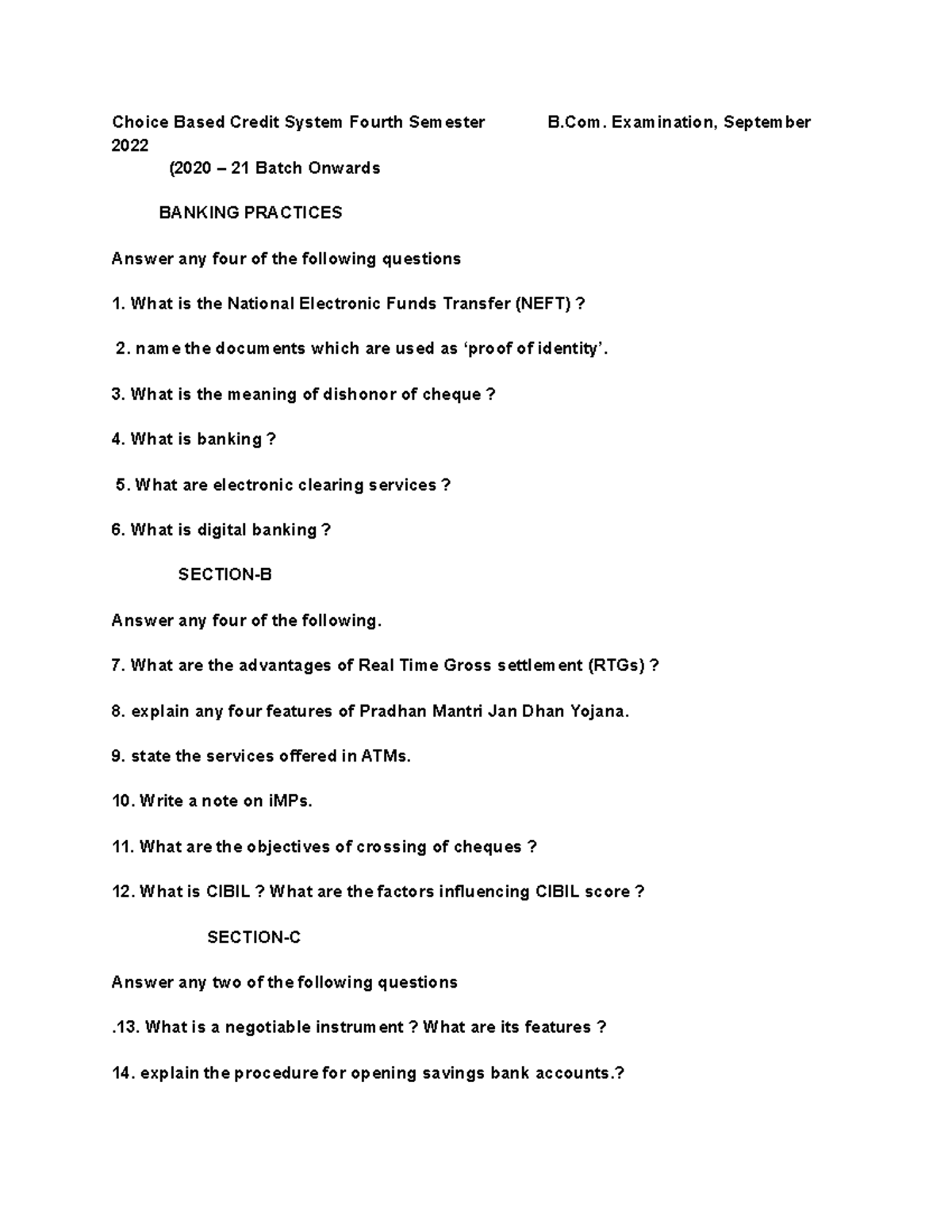 Banking practice - Question paper - Choice Based Credit System Fourth ...
