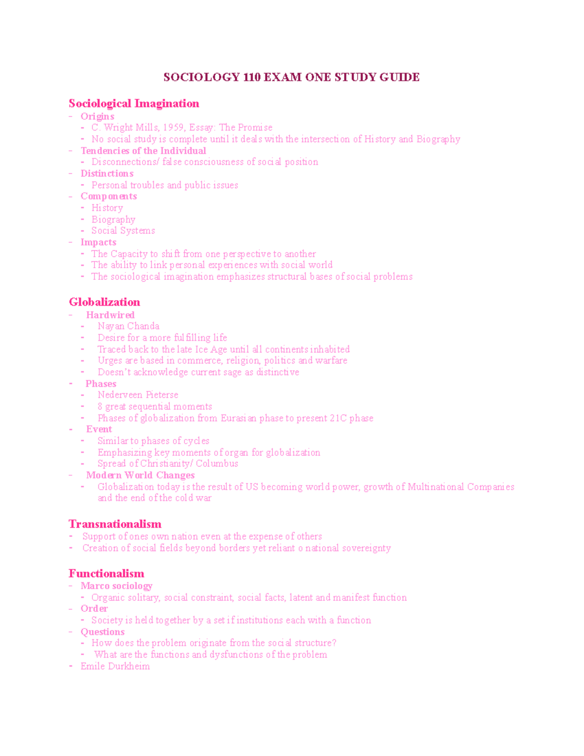 Socio study guide - SOCIOLOGY 110 EXAM ONE STUDY GUIDE Sociological ...
