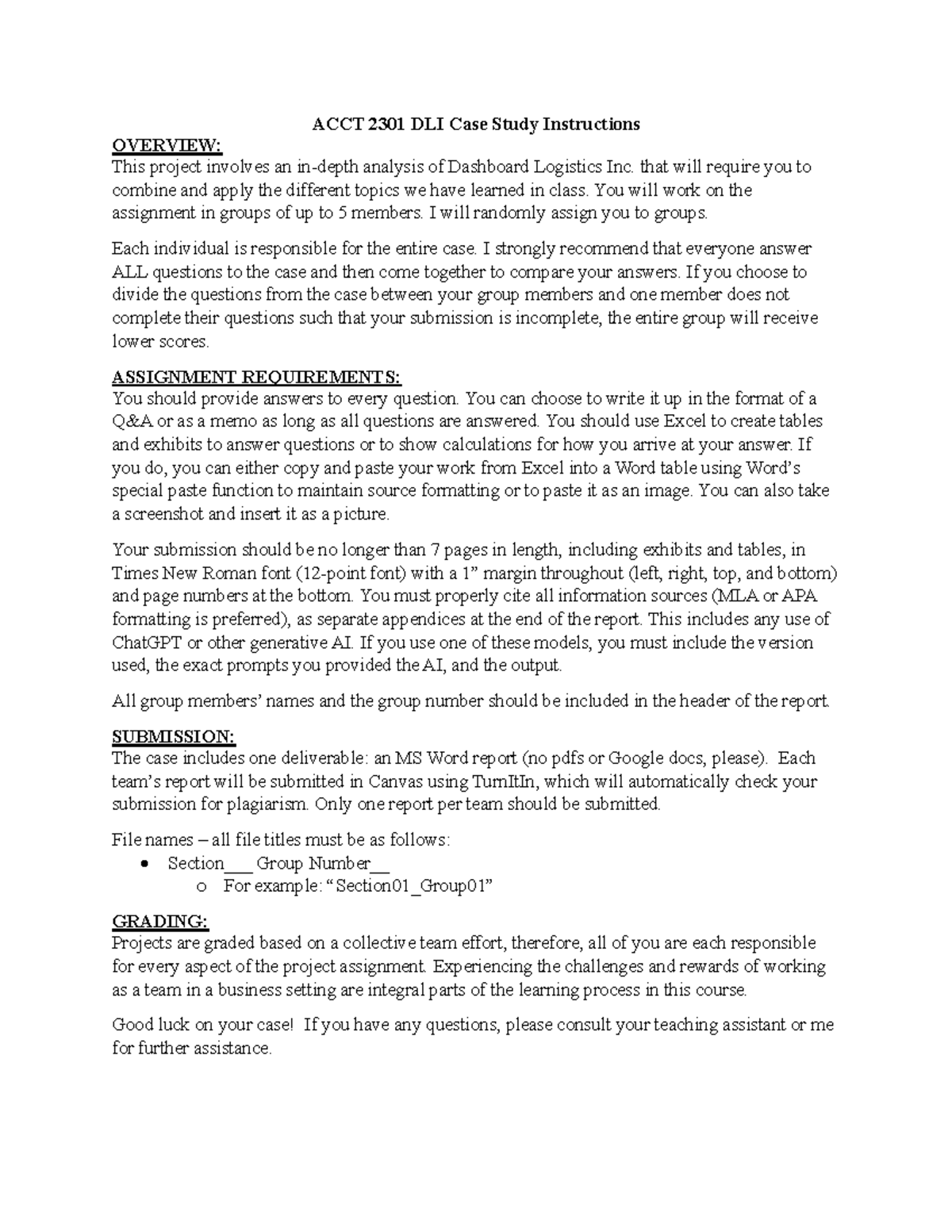 ACCT 2301 DLI Case Study Instructions - ACCT 2301 DLI Case Study ...