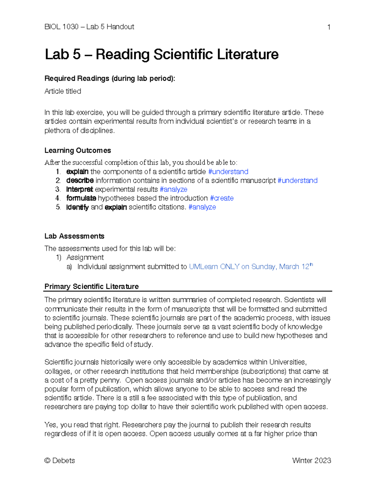 BIOL 1030 Lab 5 Handout - Lab 5 – Reading Scientific Literature Required Readings (during lab ...