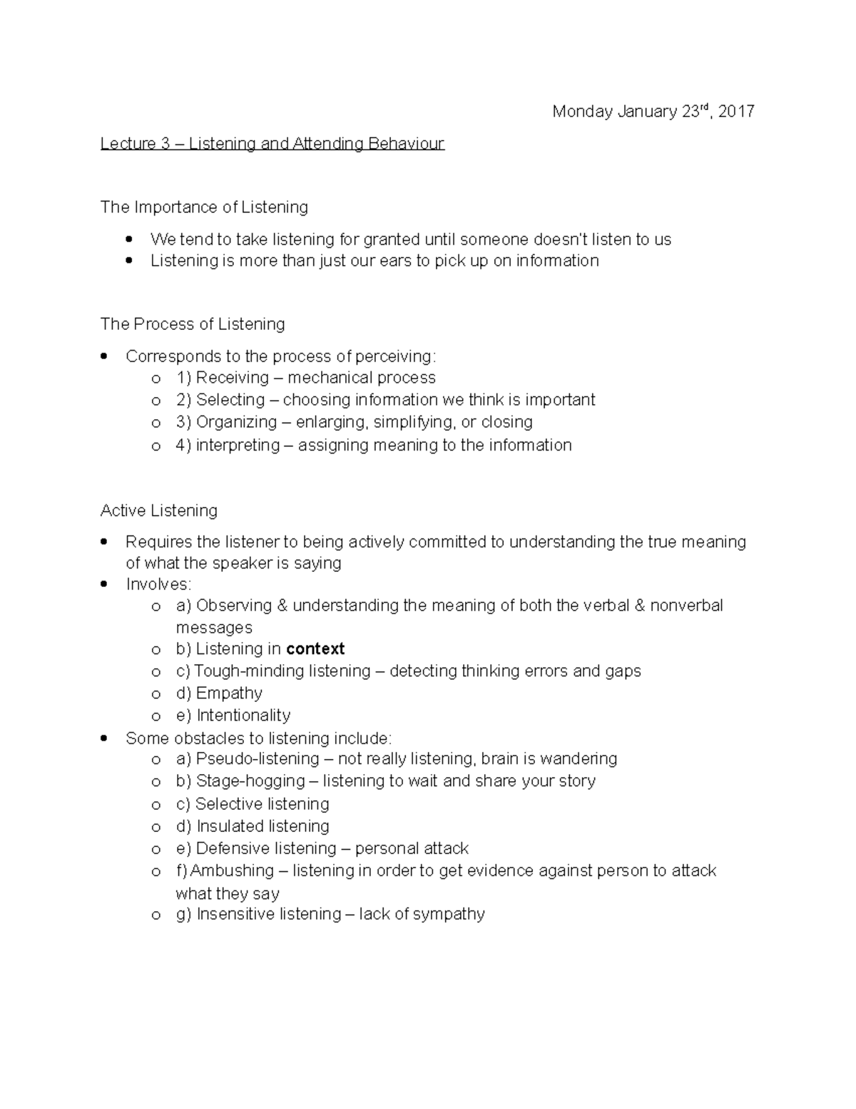 Lecture 3 - Listening and Attending Behaviour - Monday January 23rd ...