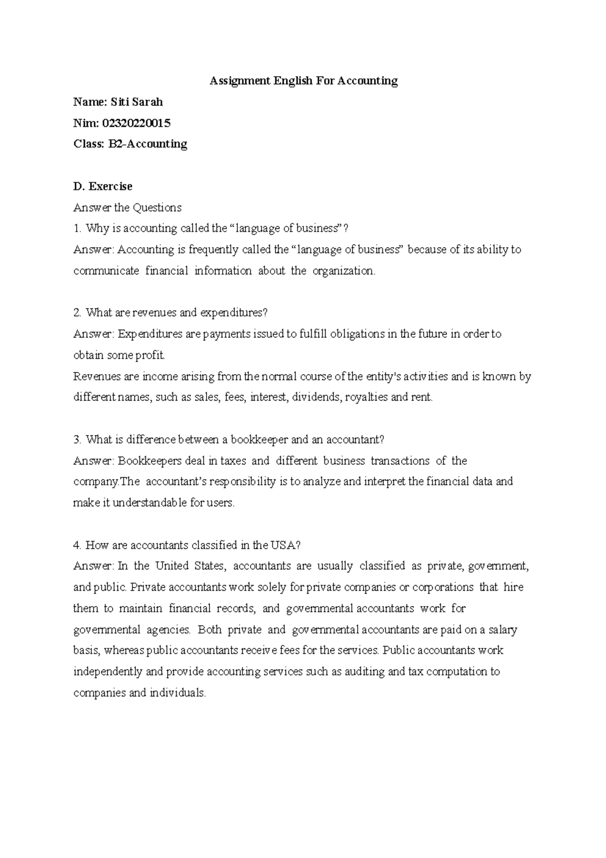 Assignment English For Accounting - Exercise Answer the Questions Why ...