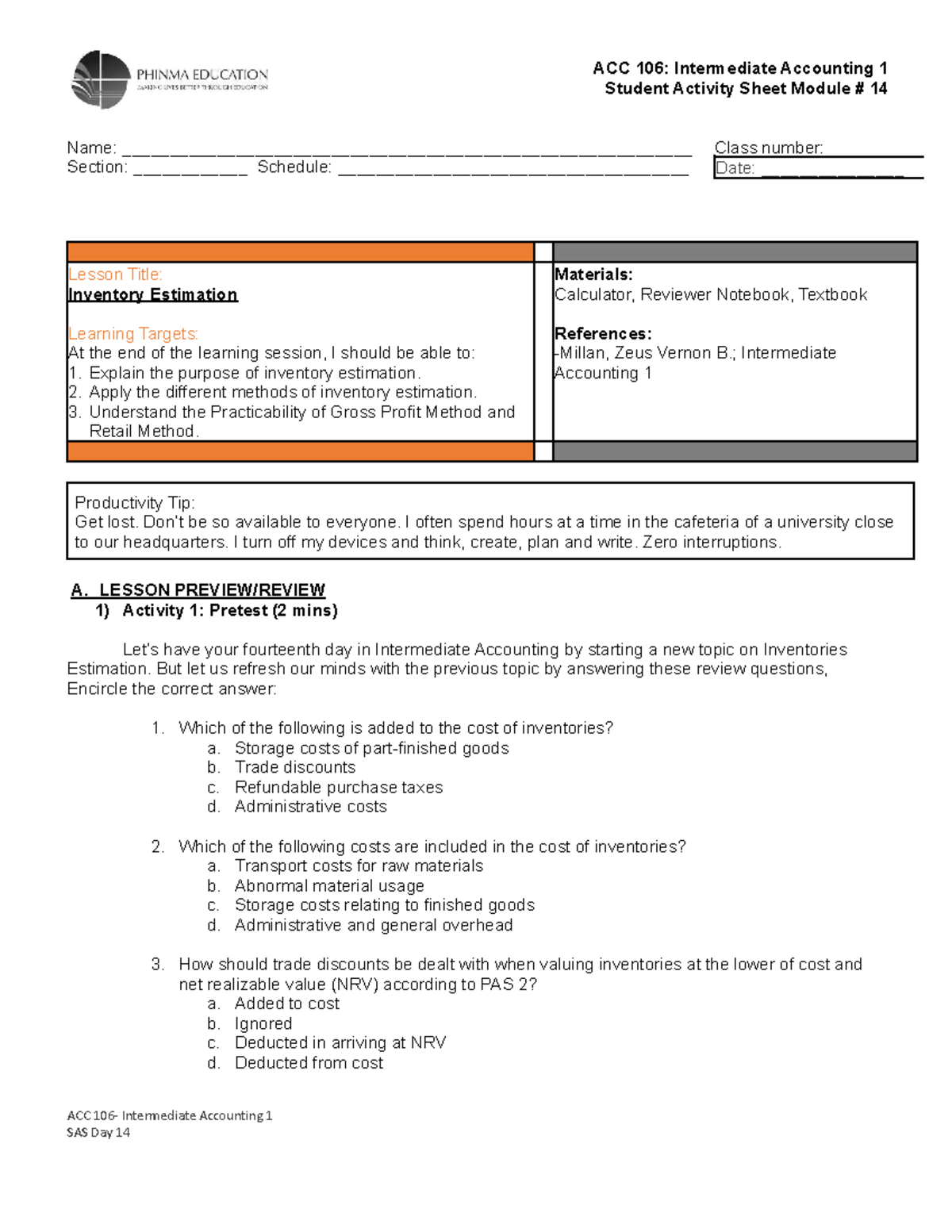 ACC 106 SAS 14 - ACC 106 Module 14 - Student Activity Sheet Module # 14 Name: - Studocu