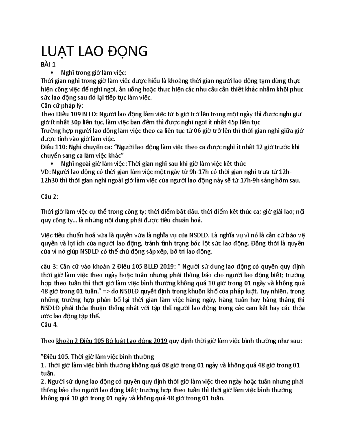 BÀI TẬP VỀ NHÀ LUẬT LAO ĐỘNG - LU T LAO ĐẬ ỘNG BÀI 1 Ngh trong giỉ ờ làm vi c:ệ Th i gian ngh ...