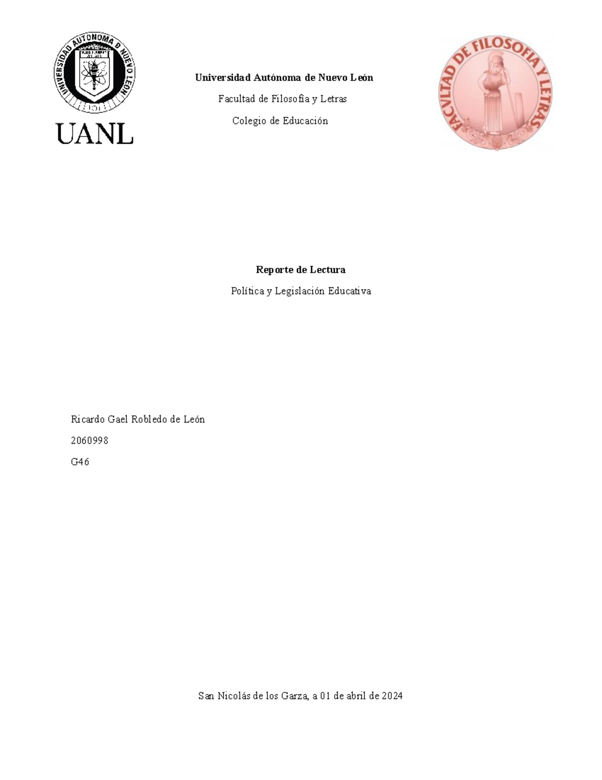 Reporte Lect Rgrdl - Universidad Autónoma de Nuevo León Facultad de Filosofía y Letras Colegio ...