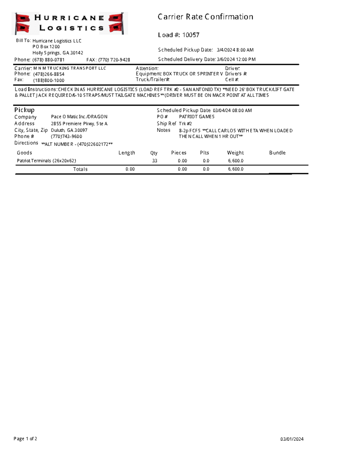 Carrier Rate Confirmation Nicole 03-01-24-1217094690 - Bill To: Carrier ...