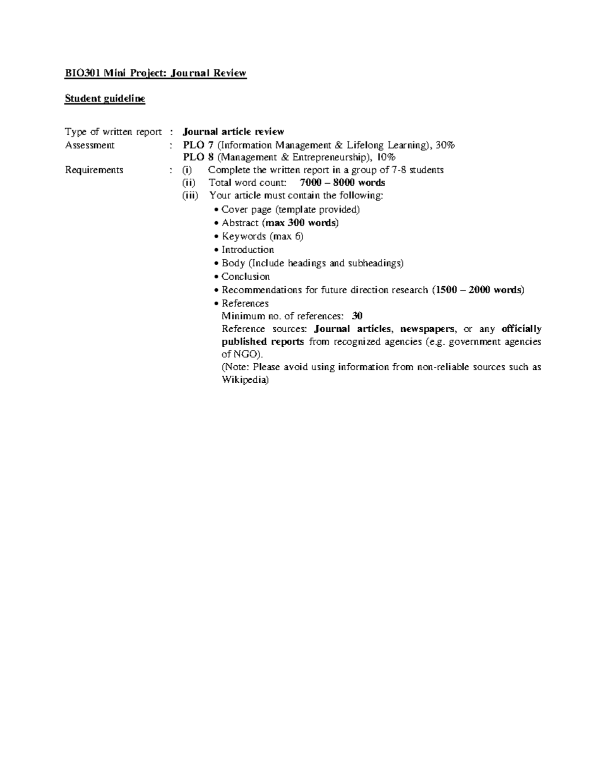 MINI PROJECT JOURNAL REVIEW GUIDELINES Oct22023-Feb2024.pdf - BIO301 ...