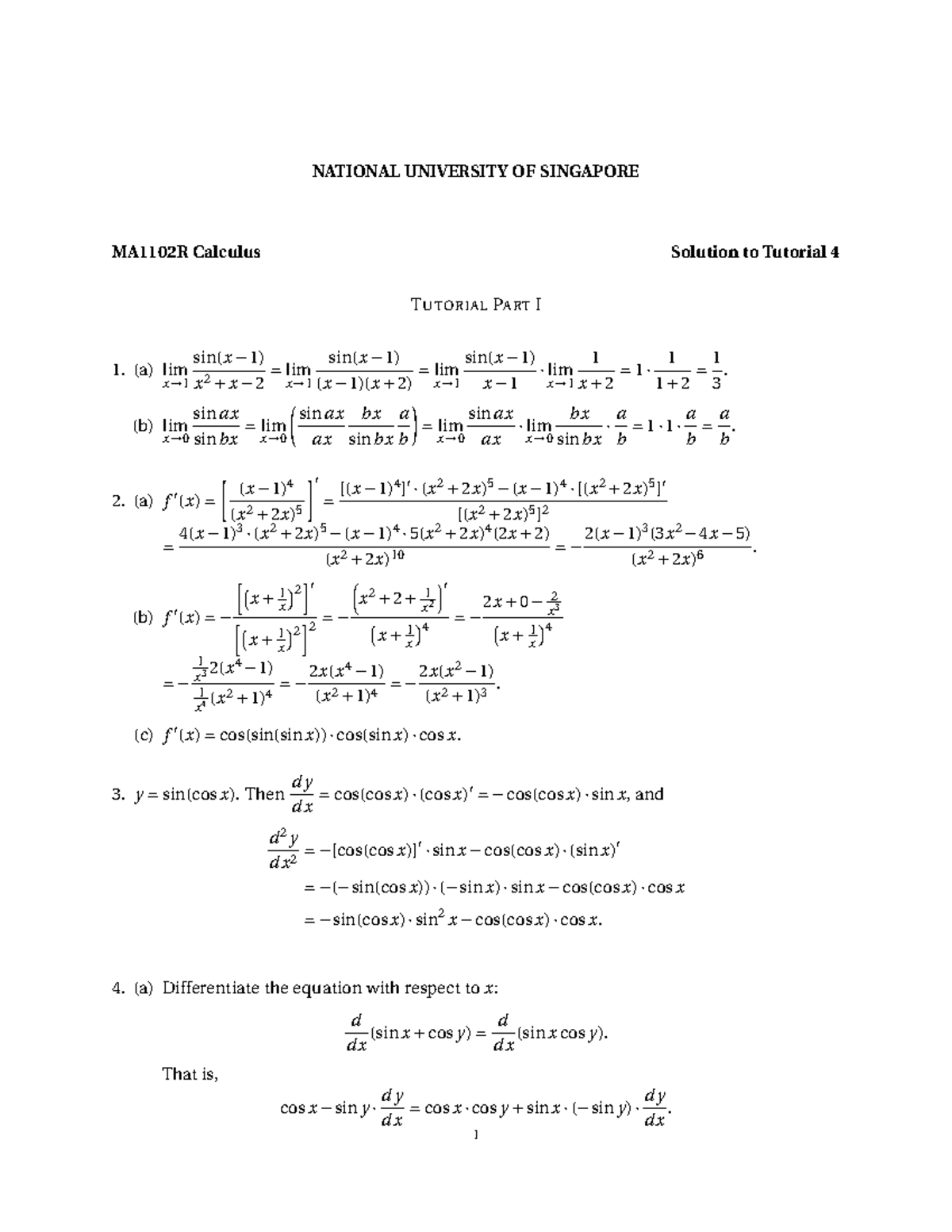 MA1102R-Solution 4 - Tutorial 4 Solution for MA1102R, NUS - NATIONAL ...