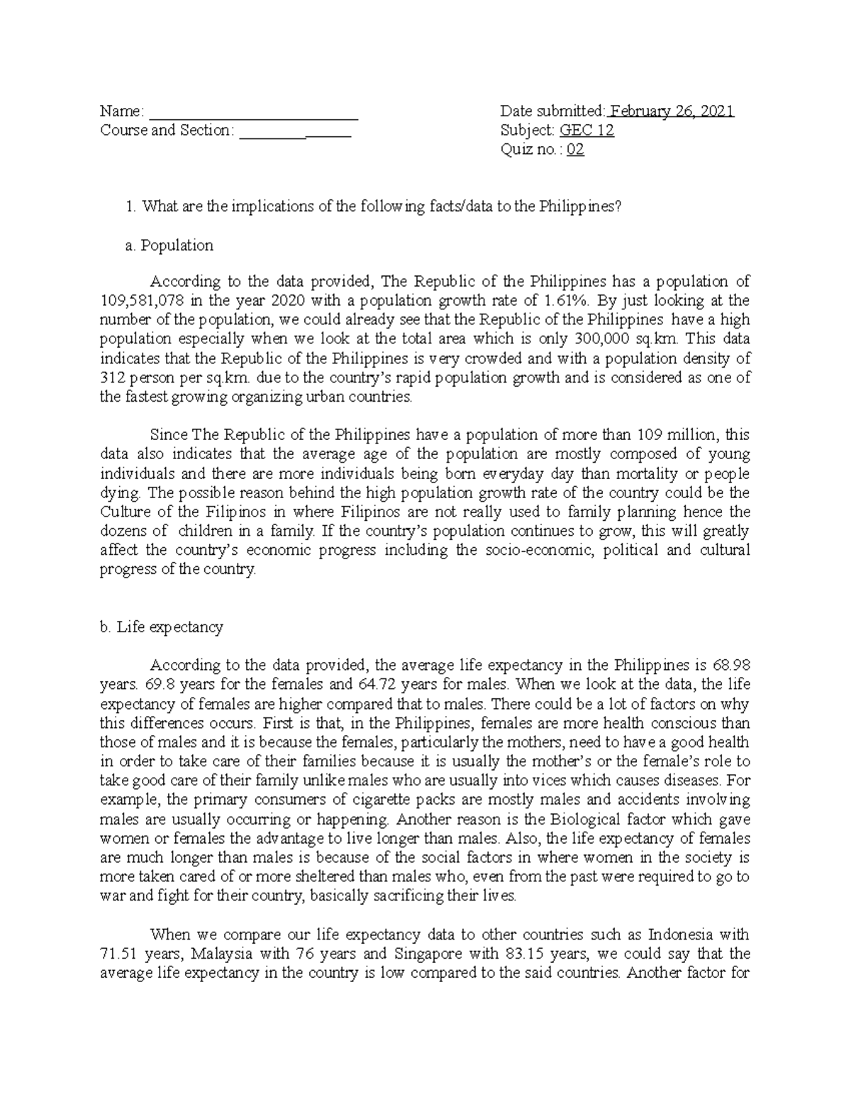 Readings in Philippine History Quiz 2 - Name ...