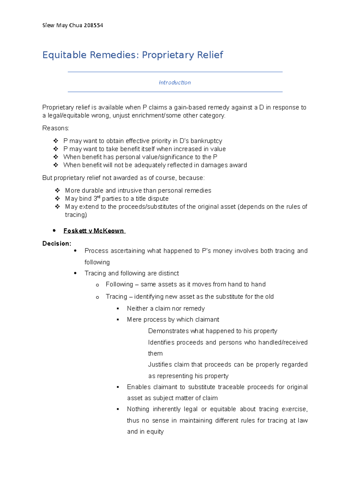 Week 6 Remedies Notes - Equitable Remedies: Proprietary Relief ...