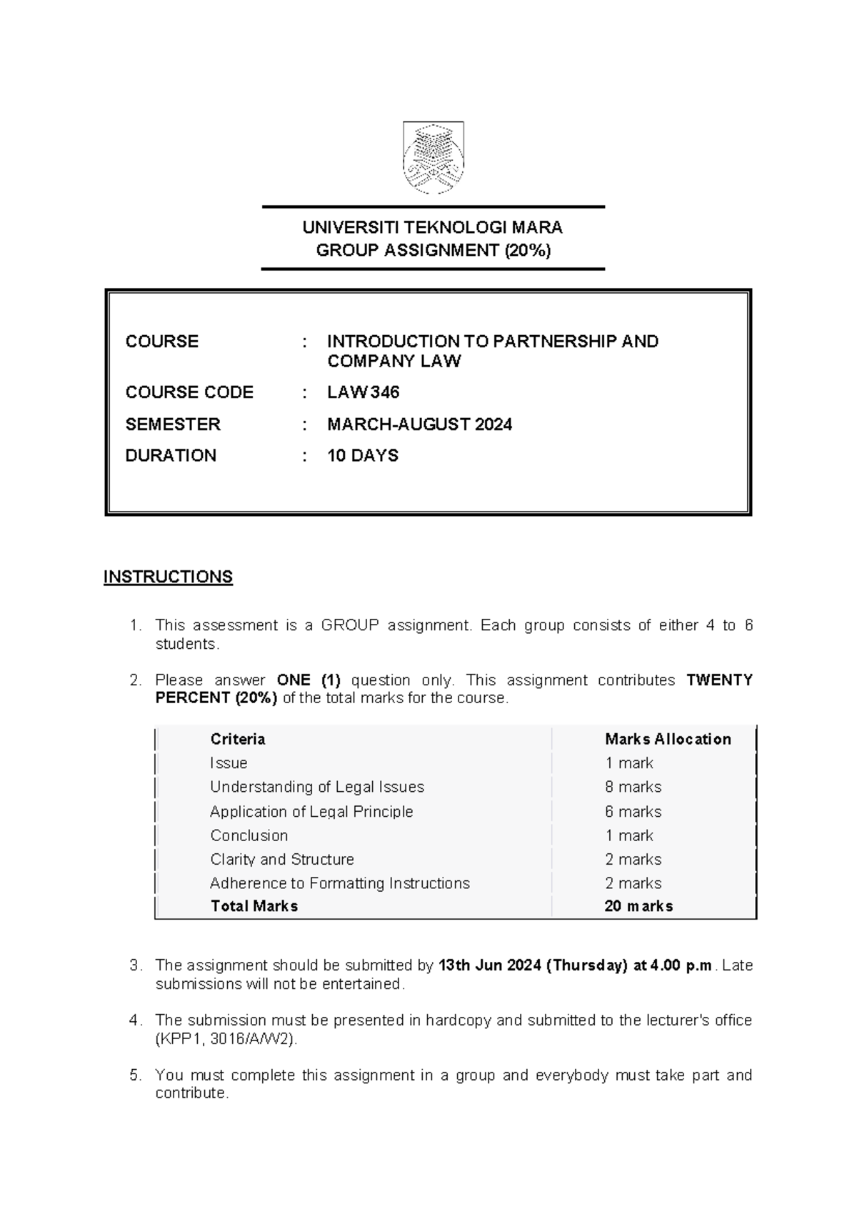 Group Assignment LAW346 - UNIVERSITI TEKNOLOGI MARA GROUP ASSIGNMENT ...