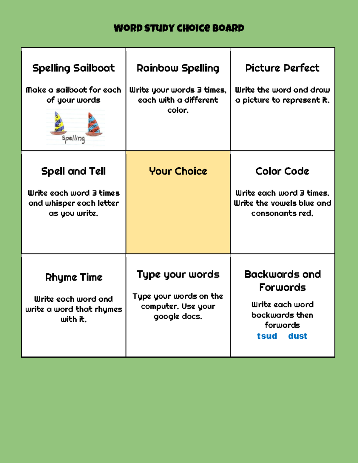 Choice Board - very good - Word study choice board Spelling Sailboat ...