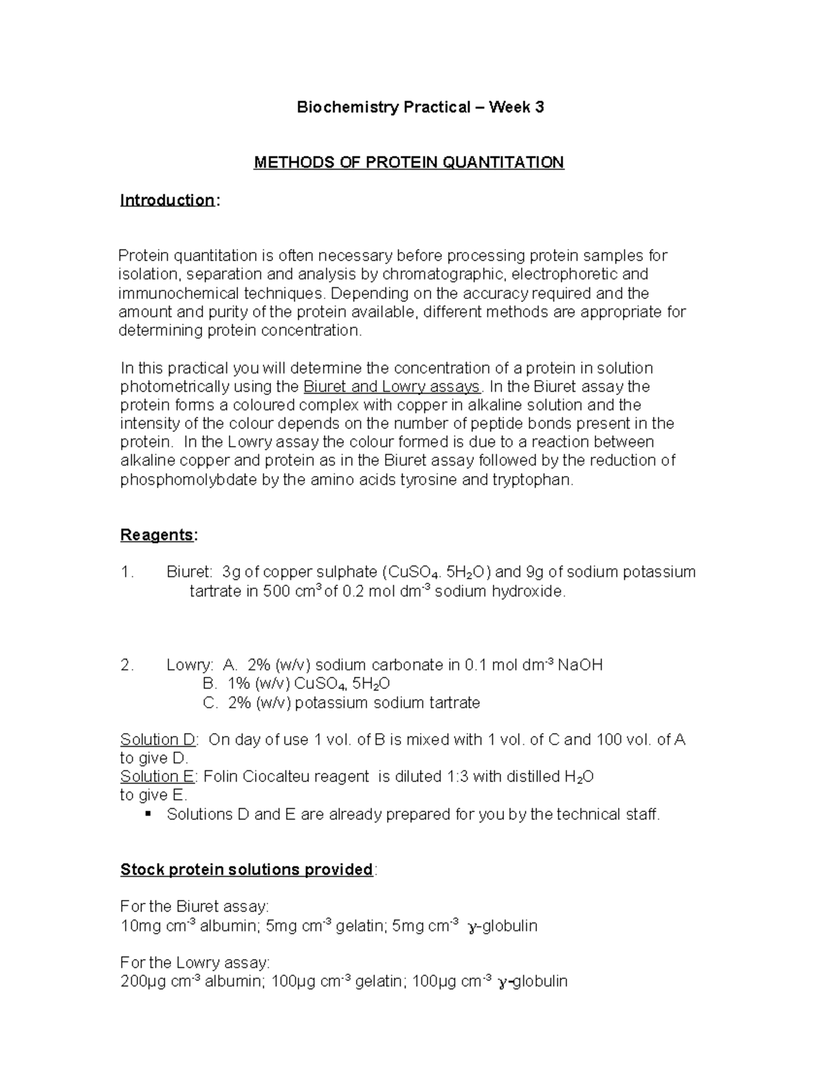 protein assay report - Biochemistry Practical – Week 3 METHODS OF ...