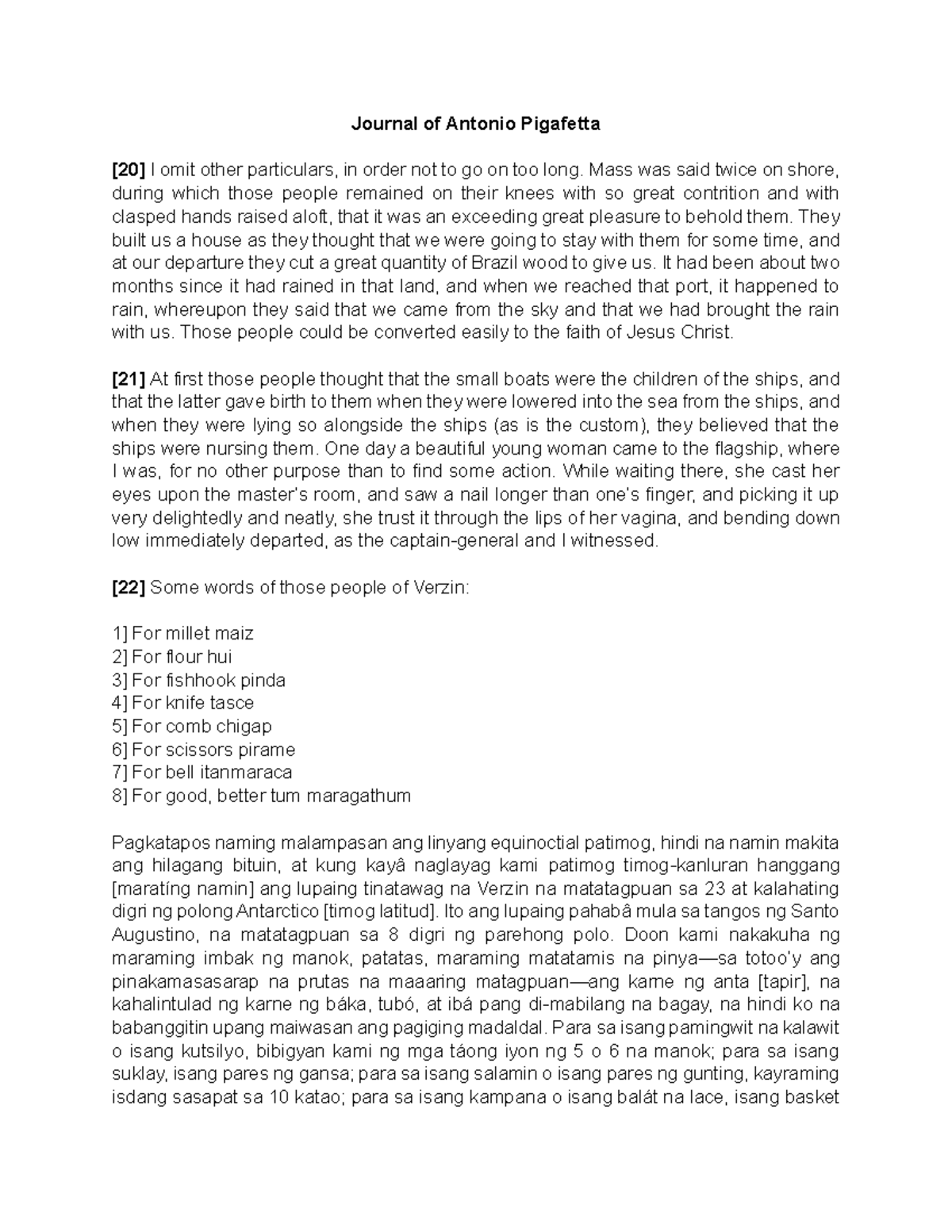 Journal of Antonio Pigafetta - Mass was said twice on shore, during ...